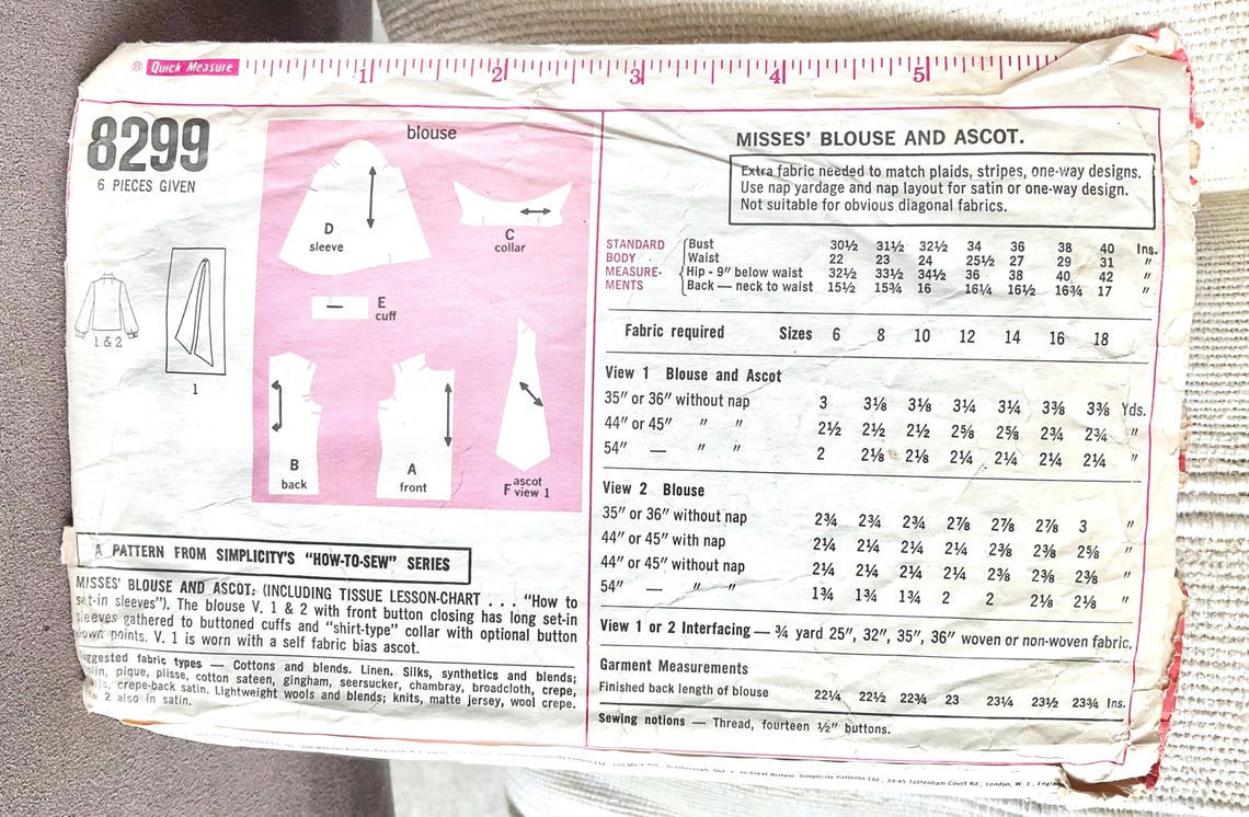 Vintage 60s Simplicity Pattern 8299 Misses Blouse and Ascot Size 12 - Etsy