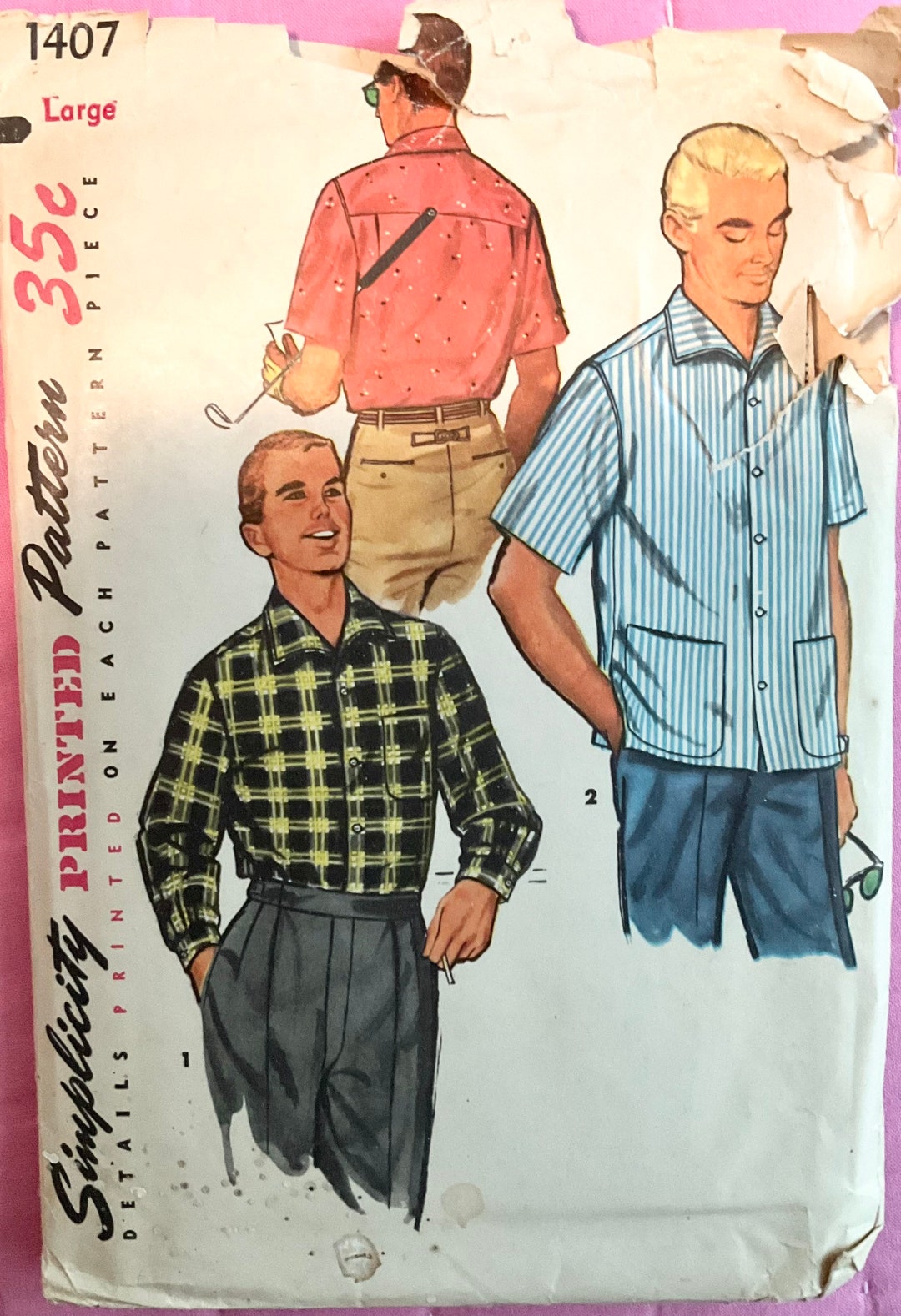 Vintage 50 Simplicity Pattern 1407 Mans Sport Shirt Size L - Etsy
