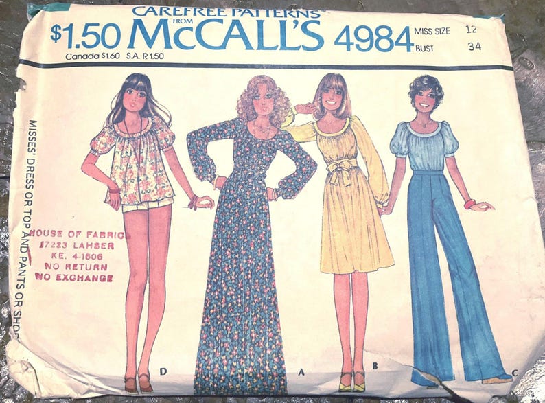 Vintage 70s Mccalls Pattern 4984 Misses Dress or Top Size 12 - Etsy