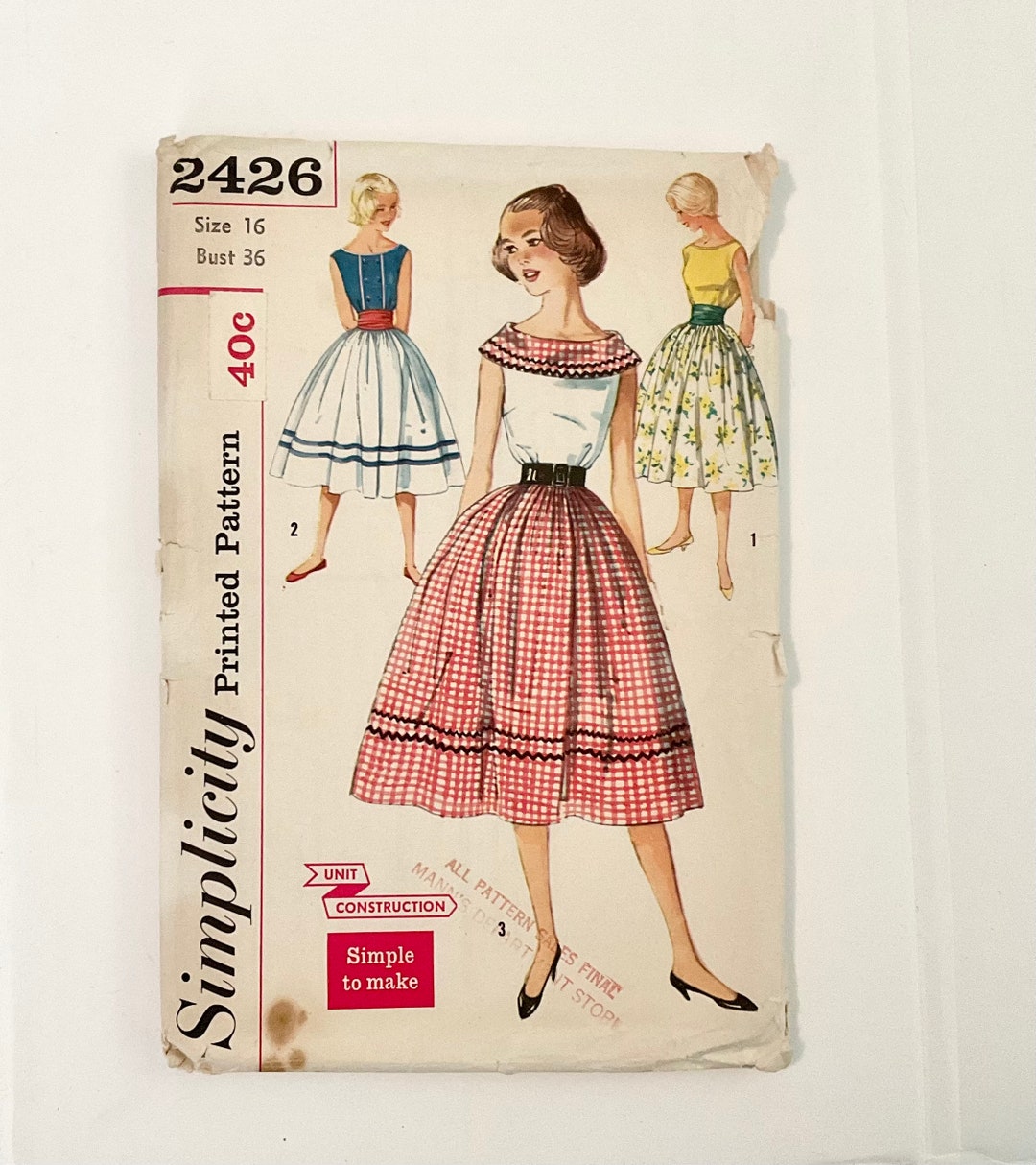 Vintage 50s Simplicity Pattern 2426 Blouse Skirt Cummerbund Size 16 - Etsy