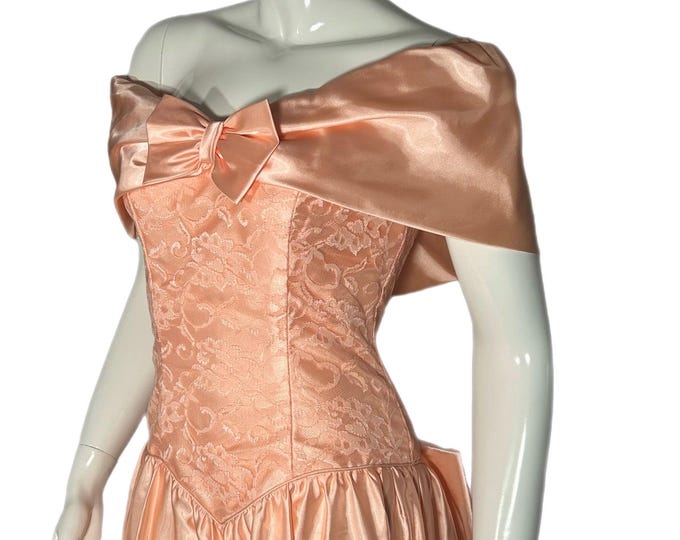 Vintage 80s Peach Pink Satin Prom Dress Off-the-shoulder High-low Gown ...