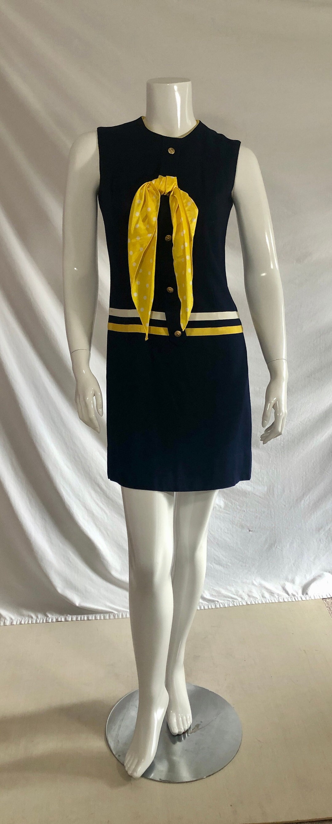 Vintage 60s a La Mode Navy Blue Lemon Yellow Polka Dot Ascot Sailor ...