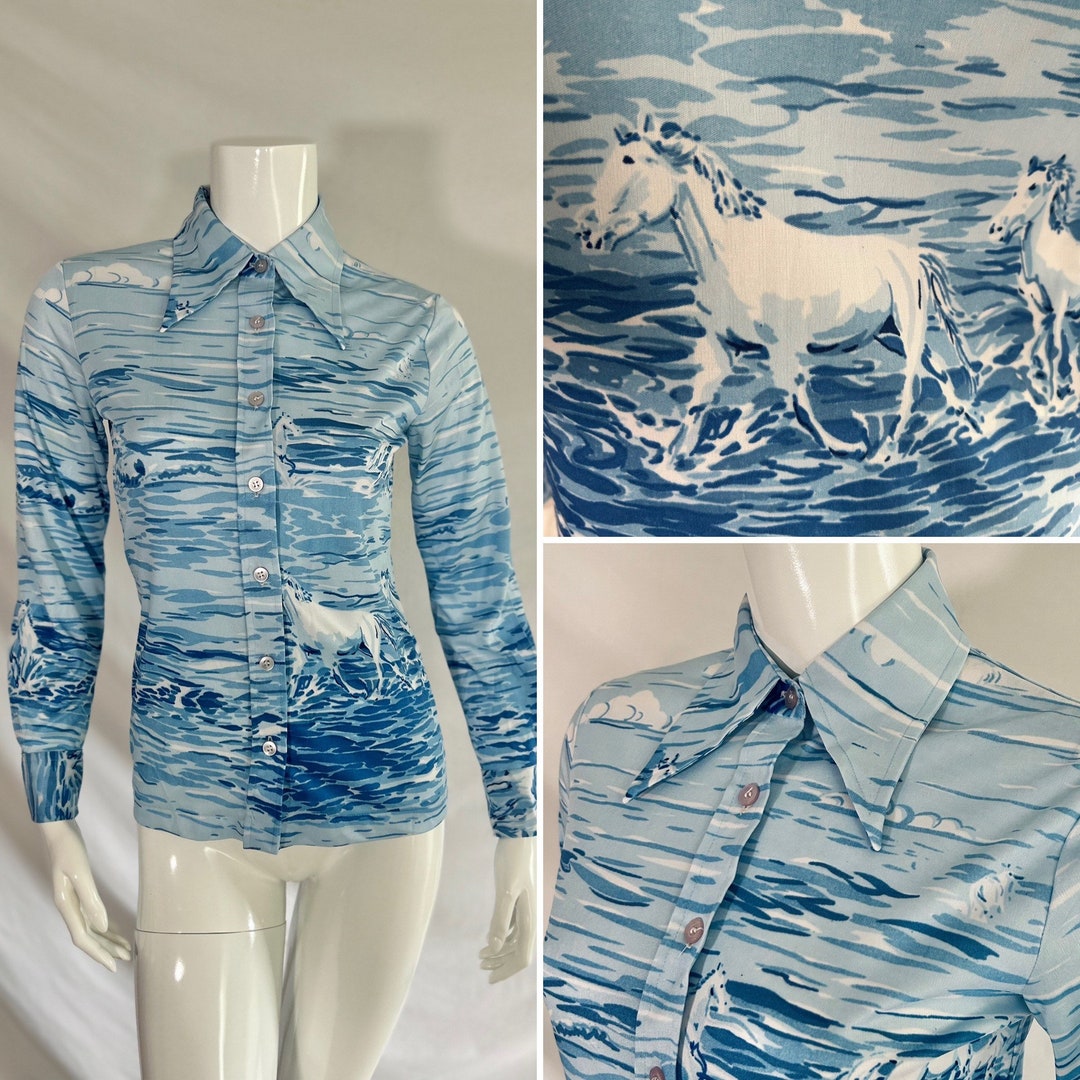 Vintage 70s Double Knit Polyester Novelty Wild Horse Print Button up Women's Blouse Blue ...