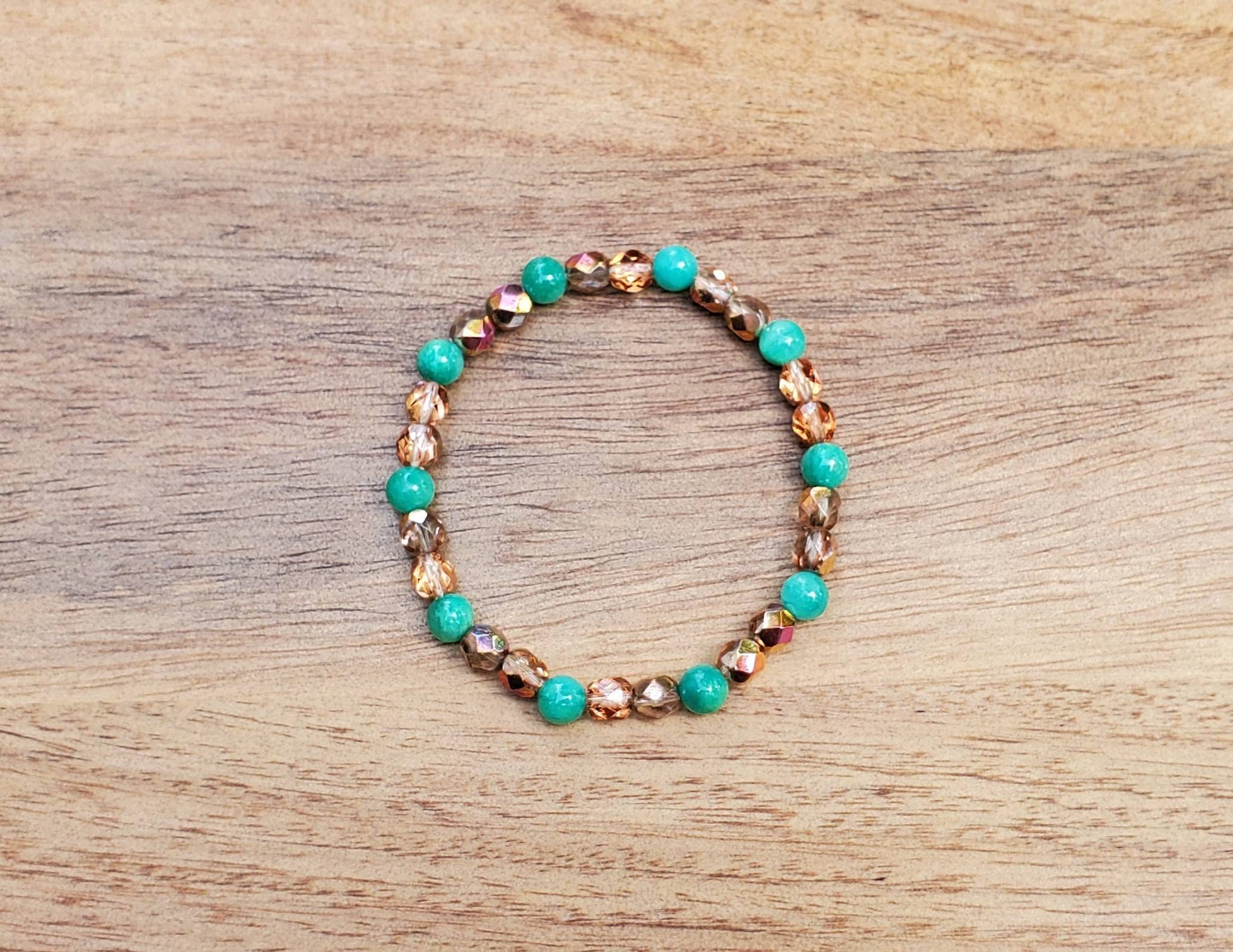 Teal and Rose Gold Beaded Stretch Bracelet - Etsy