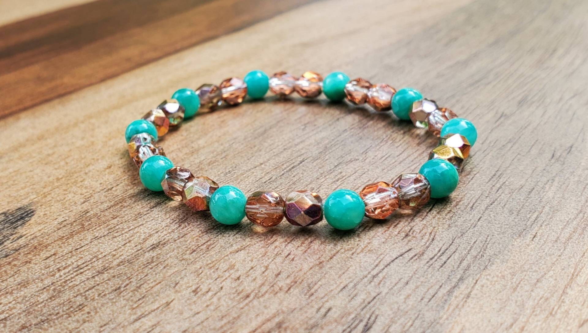 Teal and Rose Gold Beaded Stretch Bracelet - Etsy