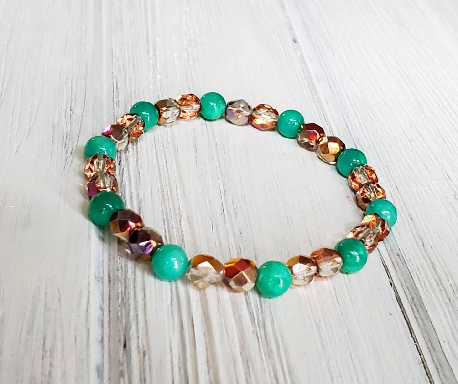 Teal and Rose Gold Beaded Stretch Bracelet - Etsy