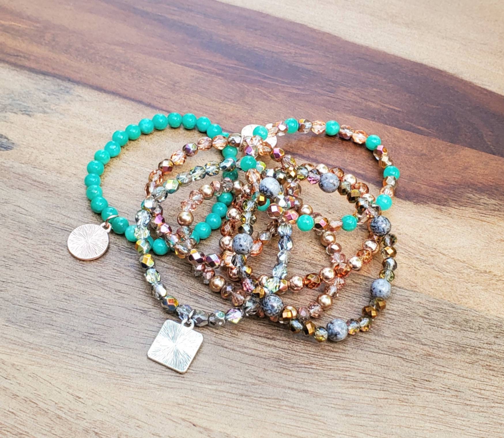 Teal and Rose Gold Beaded Stretch Bracelet - Etsy