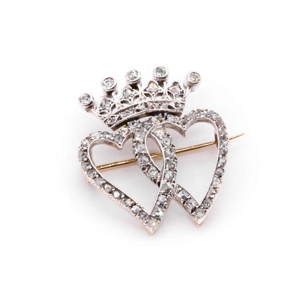 Antique Victorian 15K Yellow Gold and Silver Diamond Crowned Hearts ...