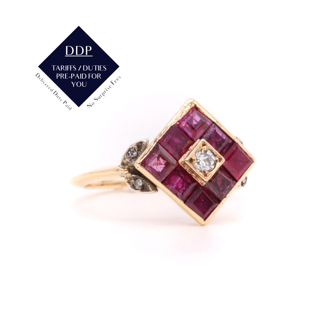 Vintage 18K Yellow Gold Diamond and Square Cut Ruby Cluster Ring - Etsy