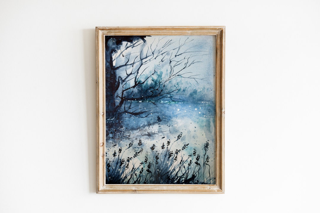 Winter Tree Lake Painting Watercolor Printable Monotone Art Indigo Blue ...