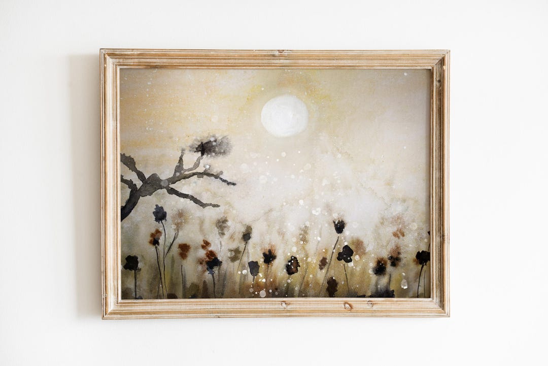 Sepia Fall Landscape Painting Neutral Moody Moonlit Art Rustic ...