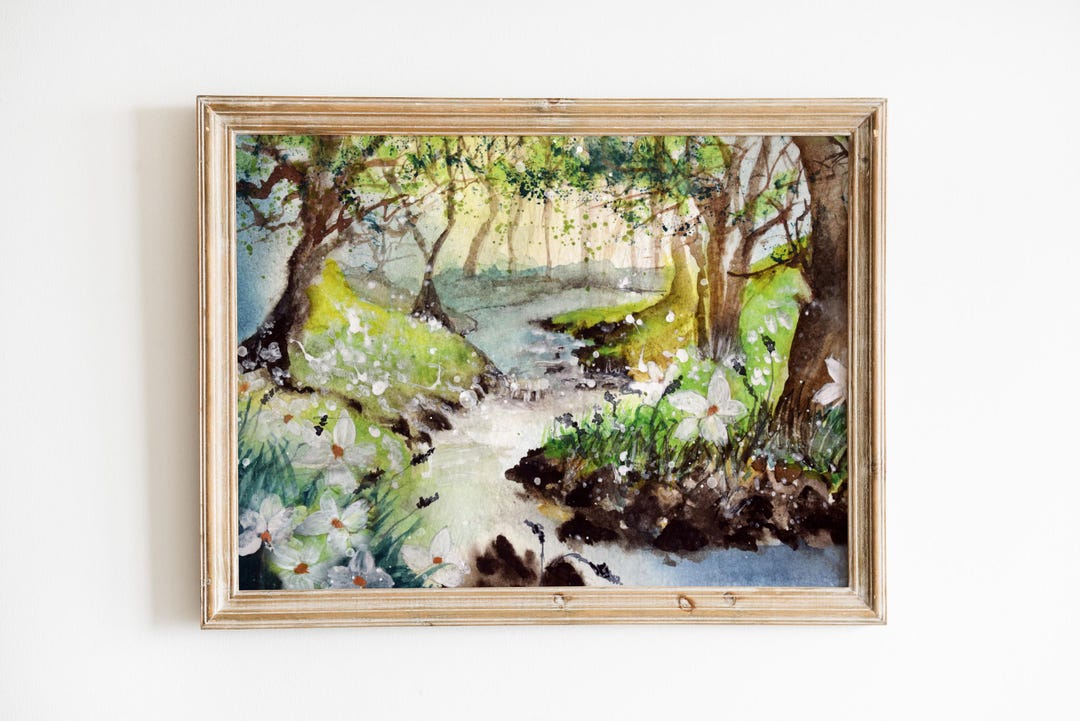 Enchanted Forest Stream Art Watercolor Spring Painting Floral Green ...