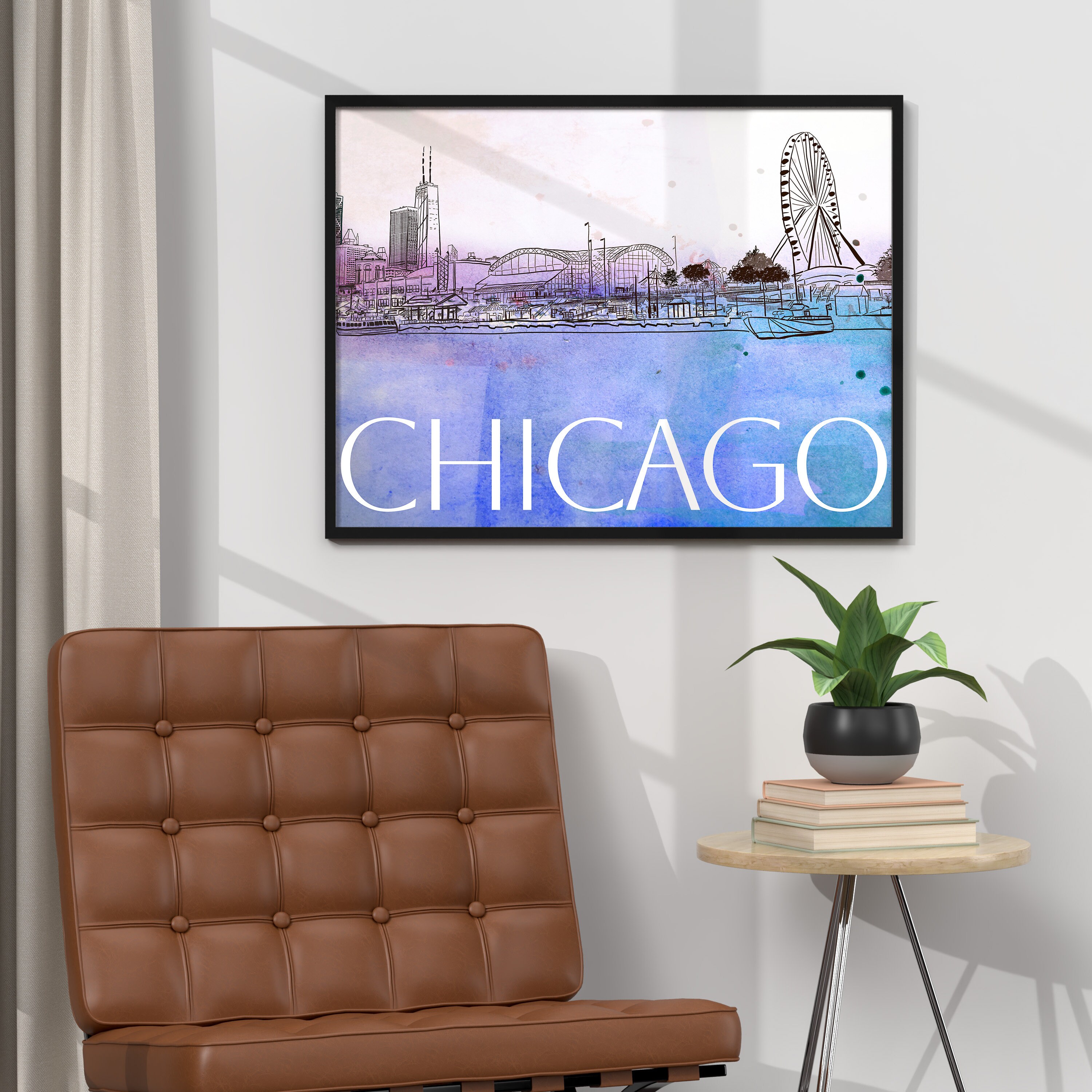 Chicago Skyline Line Drawing Watercolor Minimalist Travel Poster ...