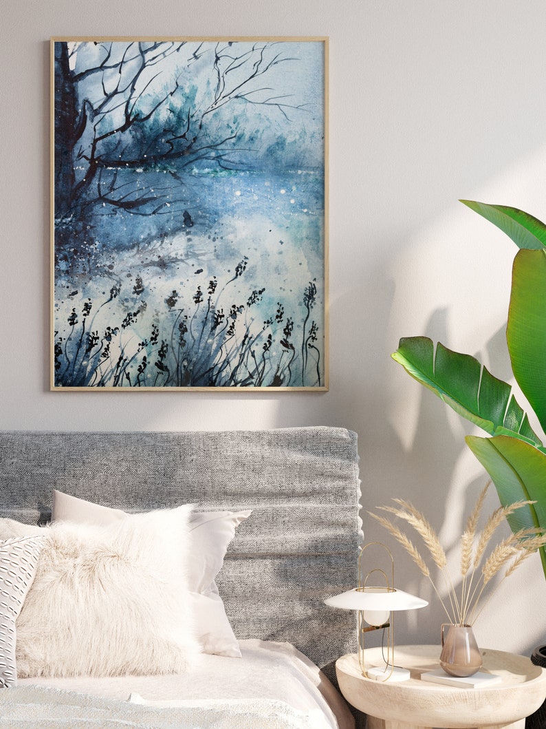 Winter Tree Lake Painting Watercolor Printable Monotone Art Indigo Blue ...