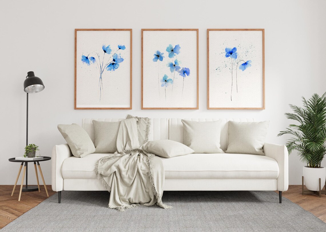 Blue Floral Art Set 3 Piece Watercolor Flowers Painting Printable ...