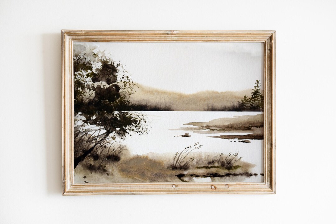 Minimalist Sepia Lake Scene Art, Abstract Landscape Painting, Earthy ...
