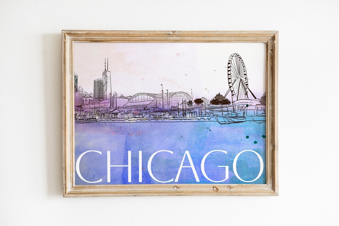 Chicago Skyline Line Drawing Watercolor Minimalist Travel Poster ...