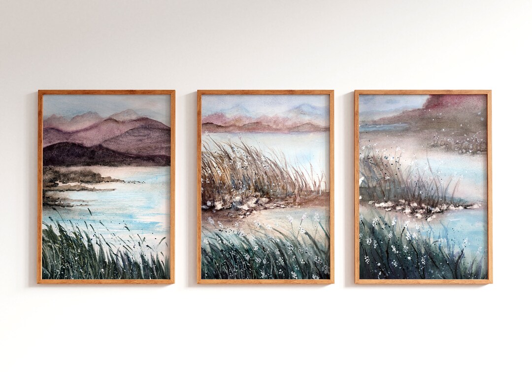 Lake Mountains Set of 3 Paintings, Watercolor Misty Landscape Bundle ...