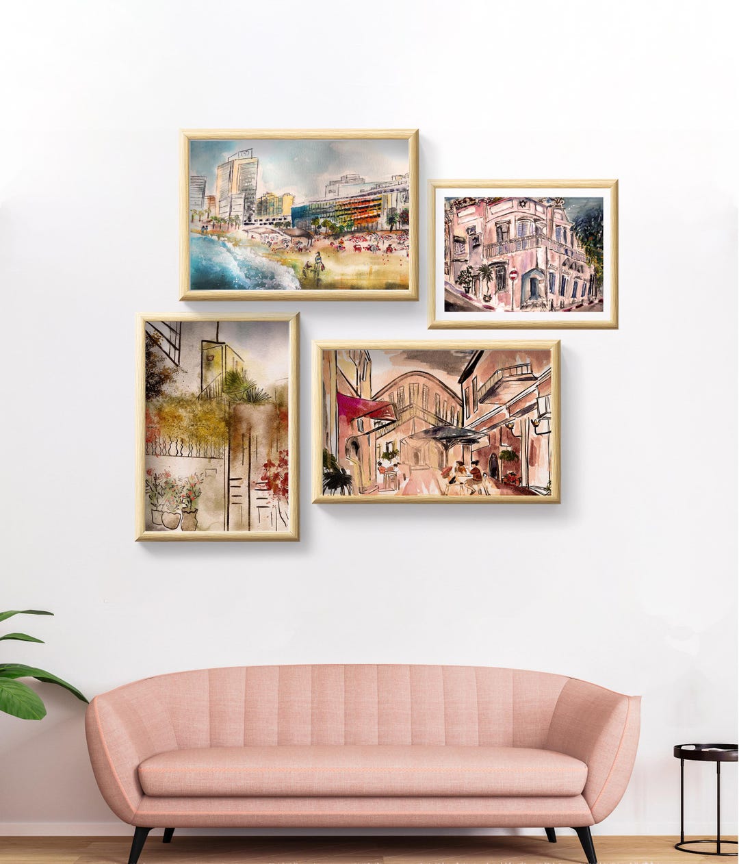 Tel Aviv Ocean and City Wall Art Set of 4 Prints Watercolor Handmade ...
