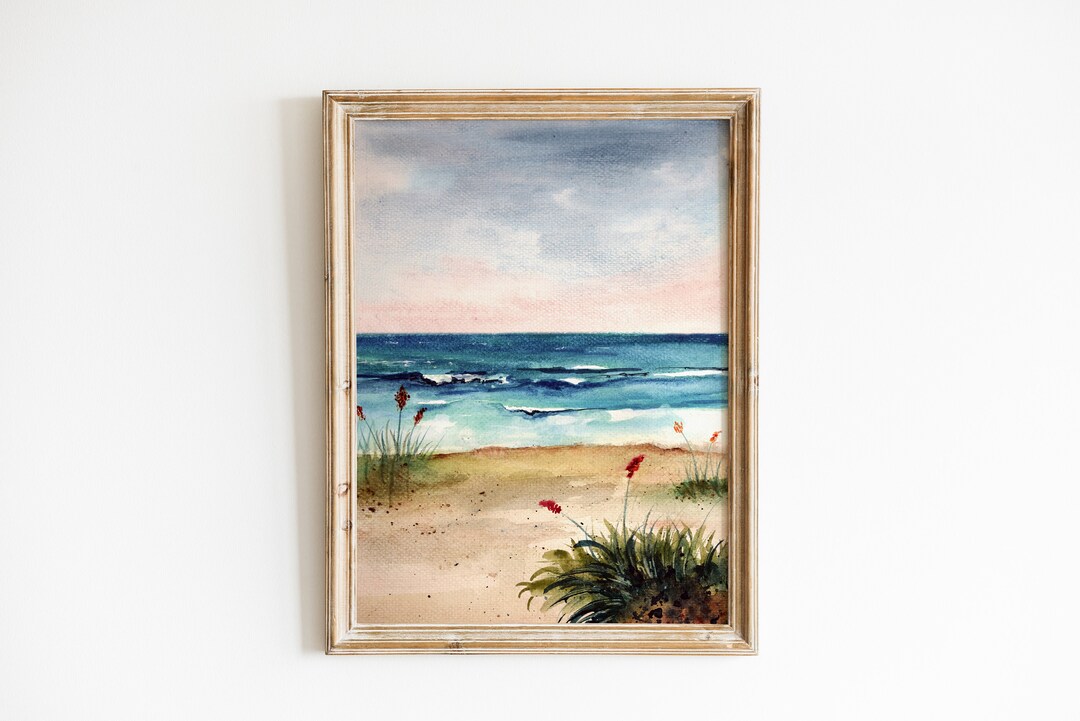 Calm Beach View Painting, Ocean Waves Watercolor Art, Seaside Landscape ...