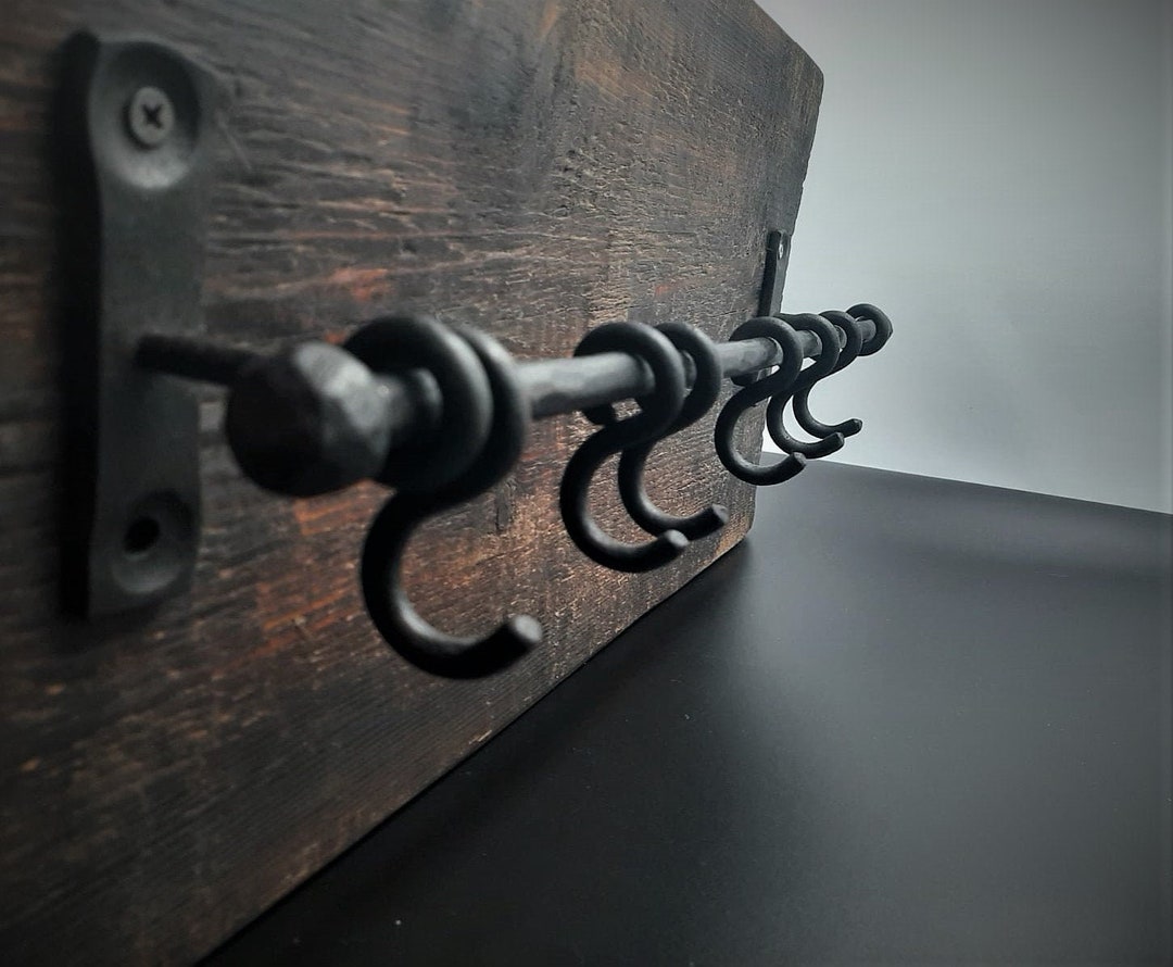 Handcrafted Wrought Iron Kitchen Hooks | Rustic Sliding Pot & Pan Rack ...