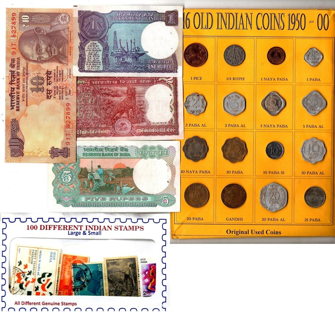 Lot 1950 2000 India 16 Old Paisa Pice Coins 100 Different Stamps 1, 2 ...
