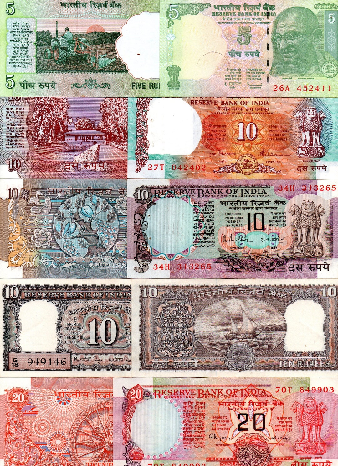 1970-2010 Lot Republic India Different 5 10 10 10 20 Rupees Notes UNC ...