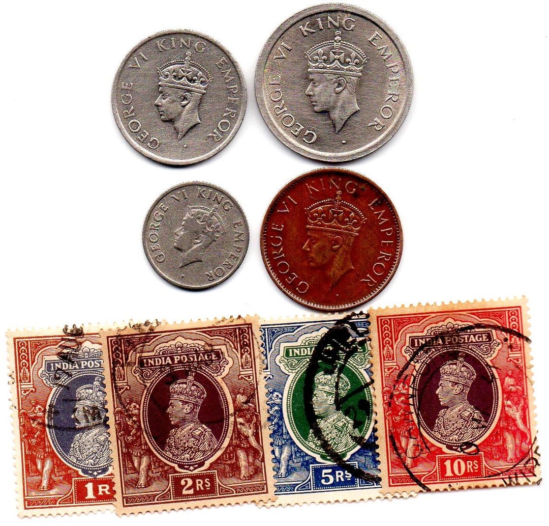 Lot 1947 King George V1 Anna Rupee Coins and Large Stamps Original Old ...