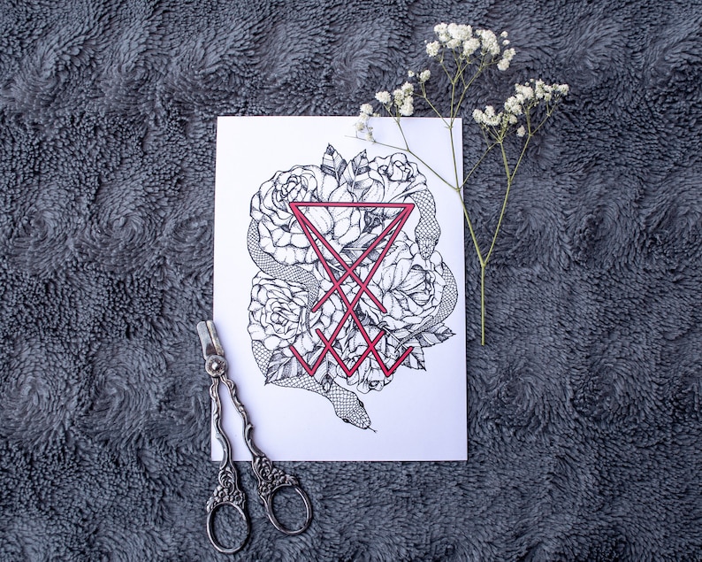 Lucifer's Sigil, Snakes & Roses Art Print, Gothic ART PRINT, Dark Art ...