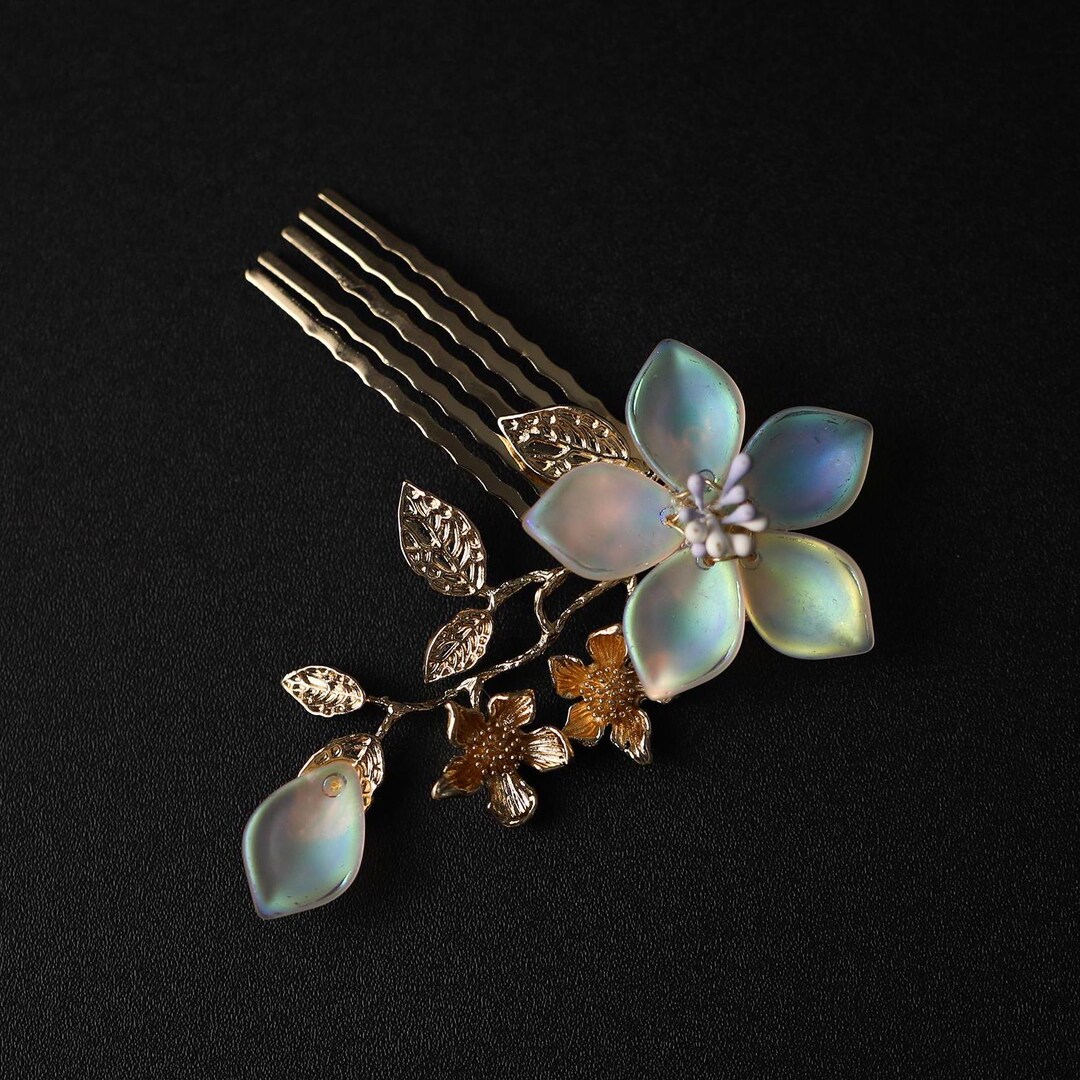 Handmade Resin Flower Gold Hair Comb Flower Hair Comb White Copper Hair ...