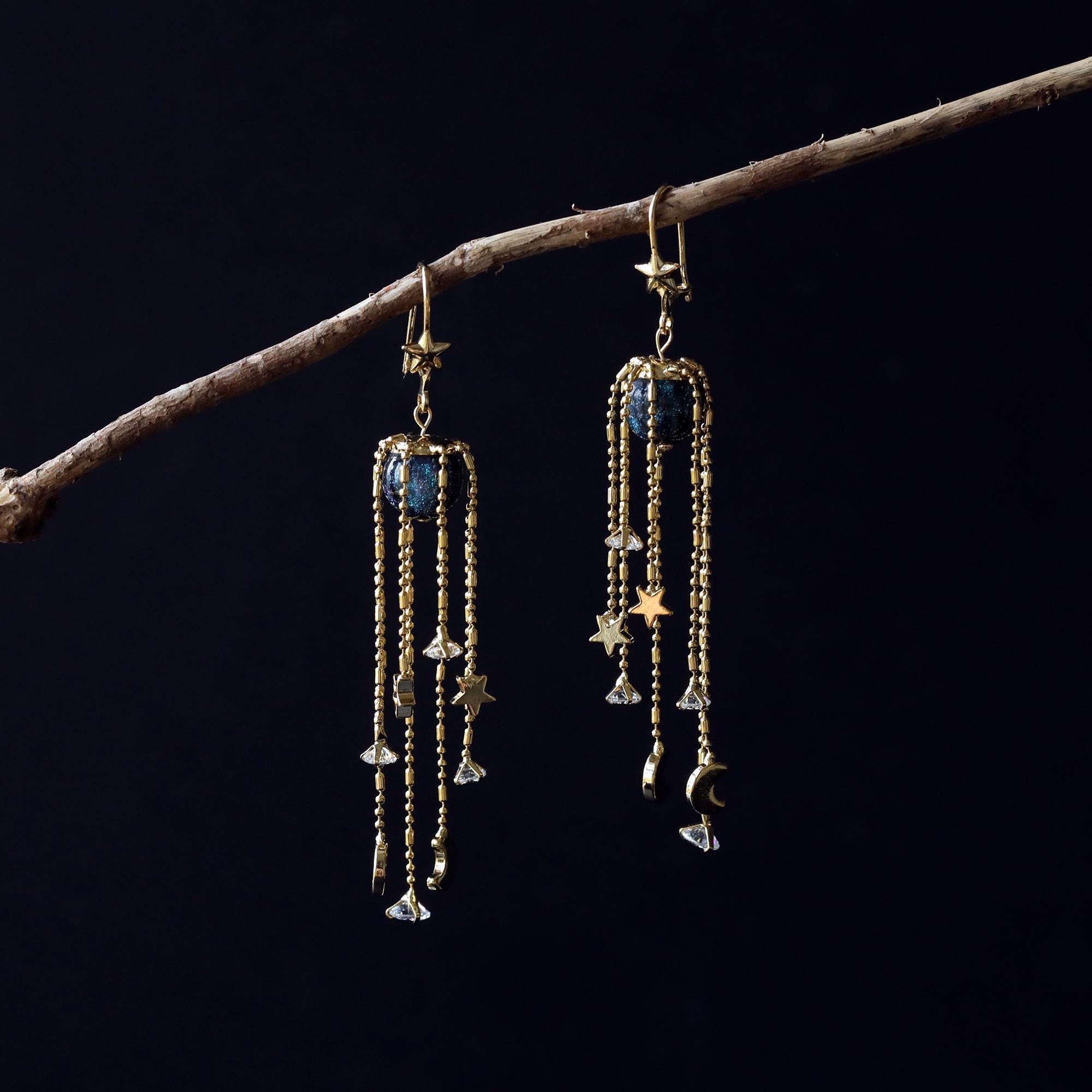 Falling Stars and Moon Dangle Drop Earrings| Celestial Earrings| Moon ...
