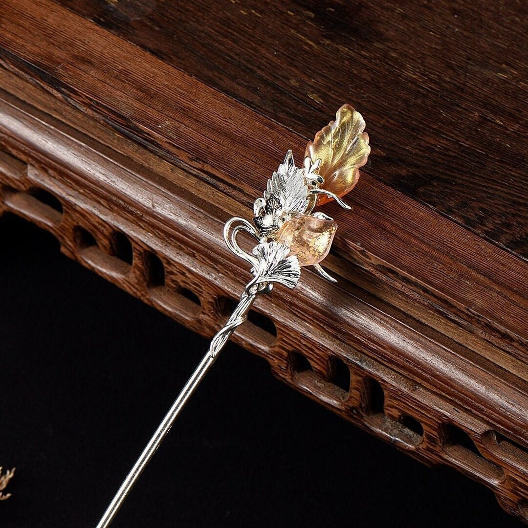 Handmade Leaves Gold Hair Stick Flower Hair Pin White Copper Leaves ...