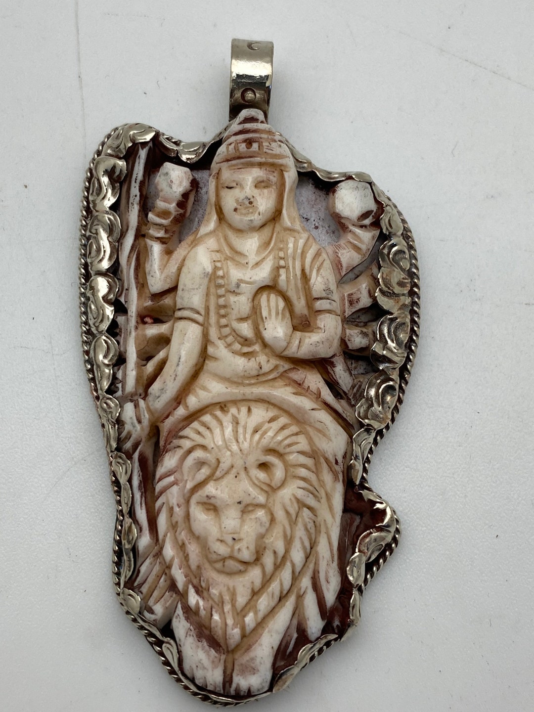 Durga Pendant, Master Handcrafted Bone With Tibetan Silver, Hindu ...