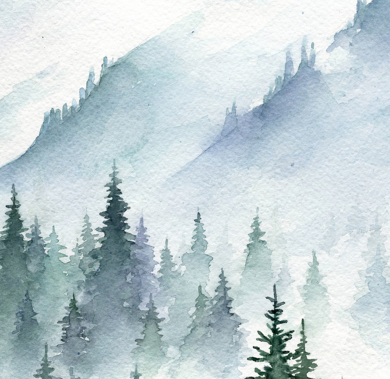 Mountain Foggy Forest Print Set Watercolor landscape art | Etsy