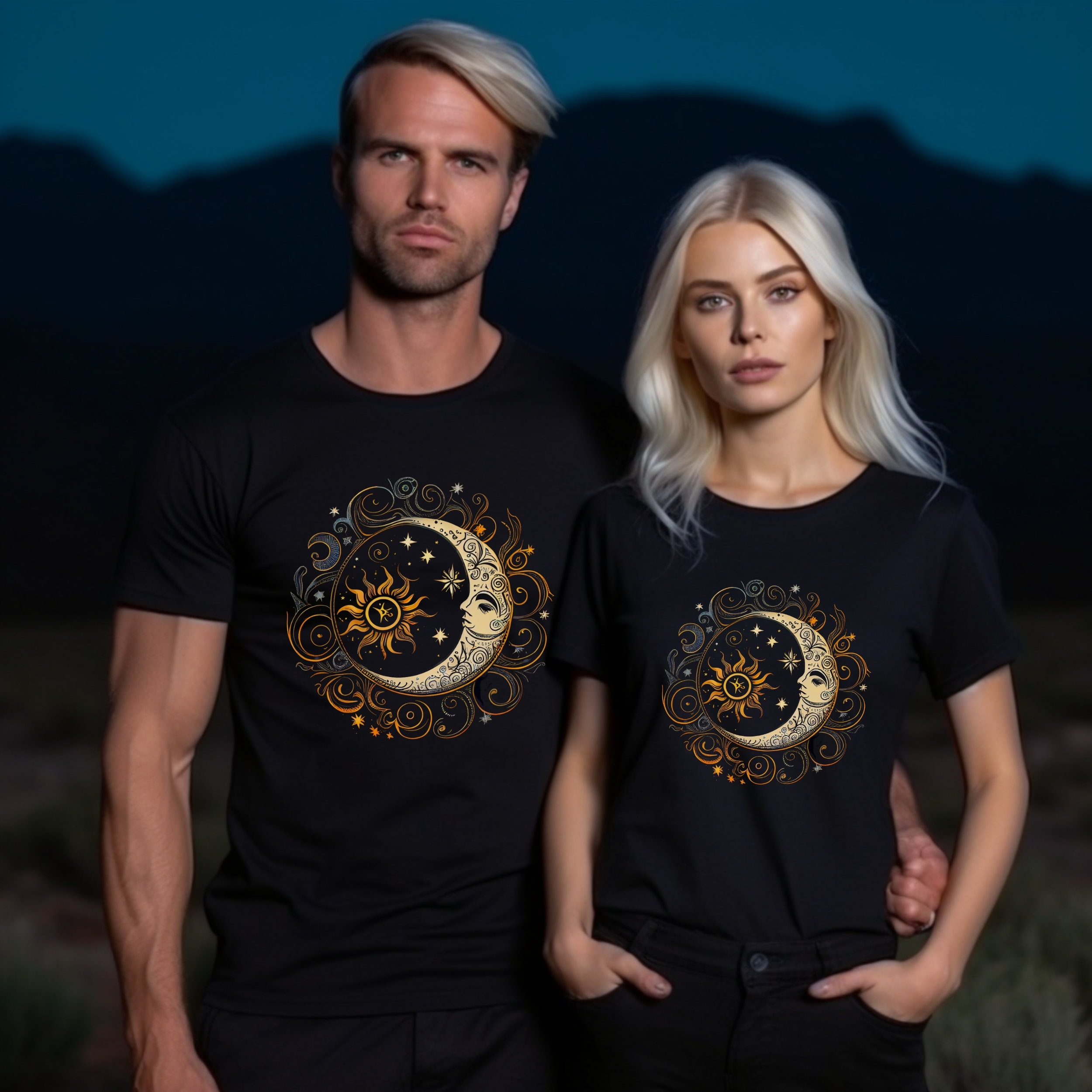 Whimsical Sun and Moon Graphic Black T-shirt, Bohemian Sun and Moon ...