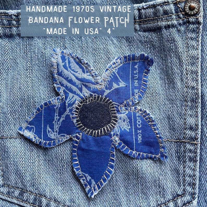 Handmade Boho Fabric Blue Bandana Flower Patch Hippie Flower Patch ...