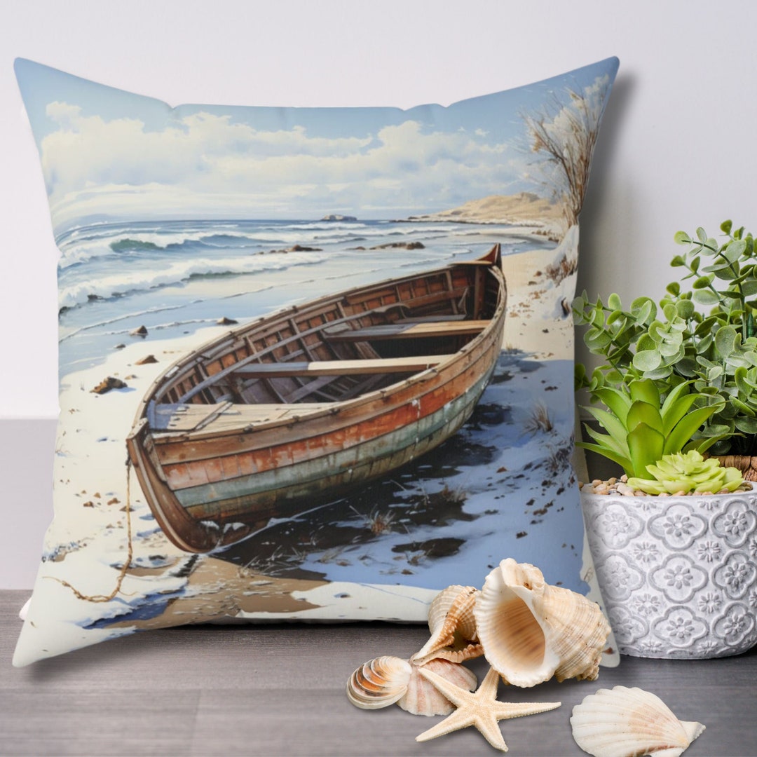 Winter Beach Decor, Desolate Snowy Beach With Wooden Boat Art Snow ...