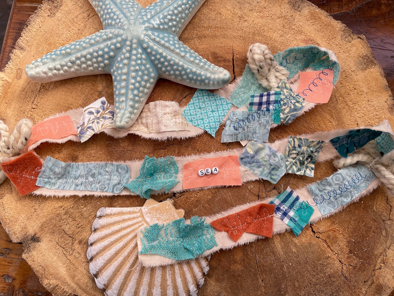 44" Nautical Beach Patchwork Scrappy Handmade Ribbon, Repurposed ...