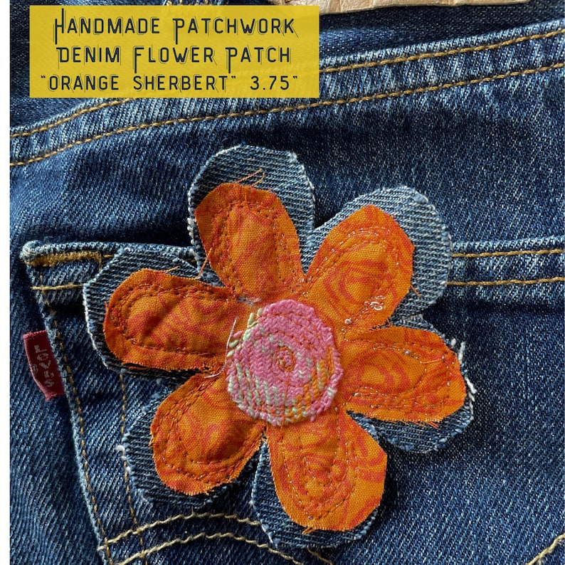 BOHO Pink FLOWER Fabric Patchwork PATCH Orange Green 3-3.5" Hippie ...