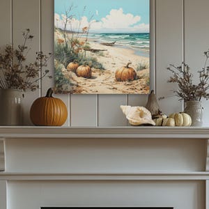 Coastal Autumn Wall Art, White Pumpkins on the Beach Coastal Decor ...