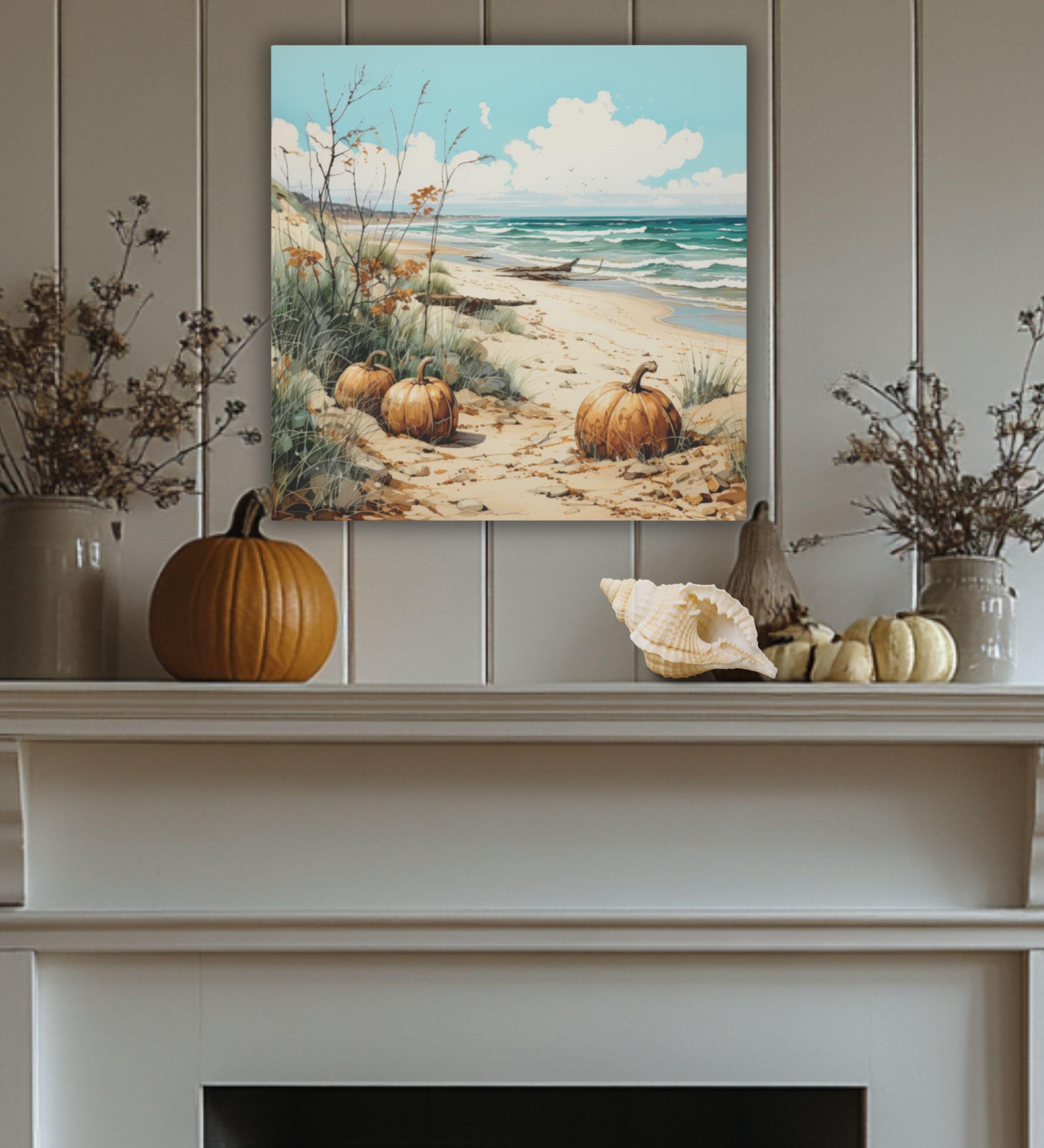 Coastal Autumn Wall Art, White Pumpkins on the Beach Coastal Decor ...