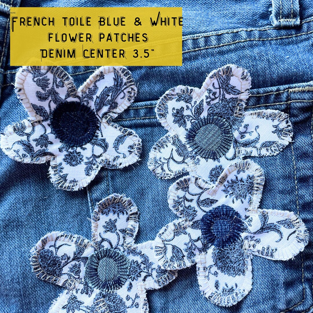 Blue and White French Toile Flower Patch Boho Hippie Flower Patches ...