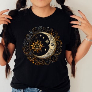 Whimsical Sun and Moon Graphic Black T-shirt, Bohemian Sun and Moon ...