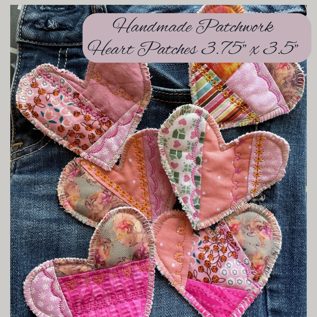 Handmade Boho Fabric Heart Patchwork Patch, Pink Hippie Heart Patch, Handmade Sew on Fabric ...