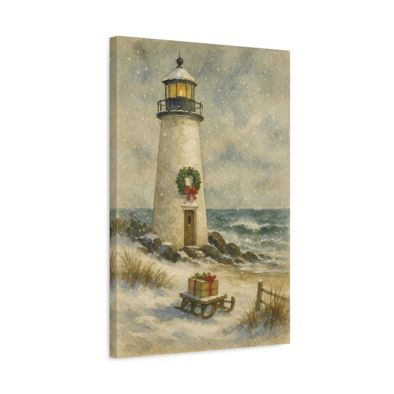 Cozy Lighthouse Canvas Wall Art, Holiday Home Decor, Winter Scene Print ...