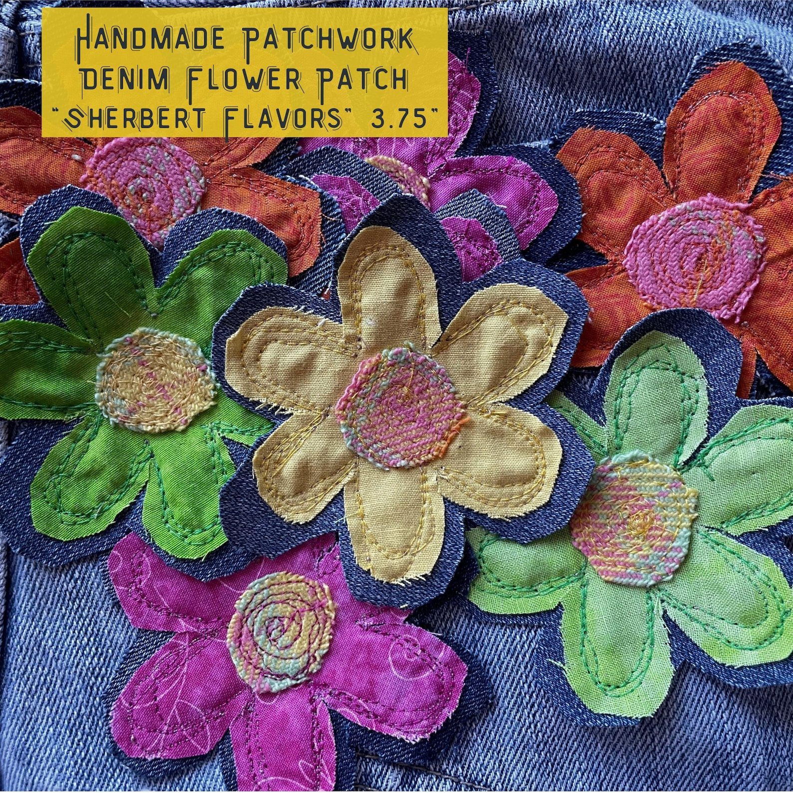 BOHO Pink FLOWER Fabric Patchwork PATCH Orange Green 3-3.5" Hippie ...