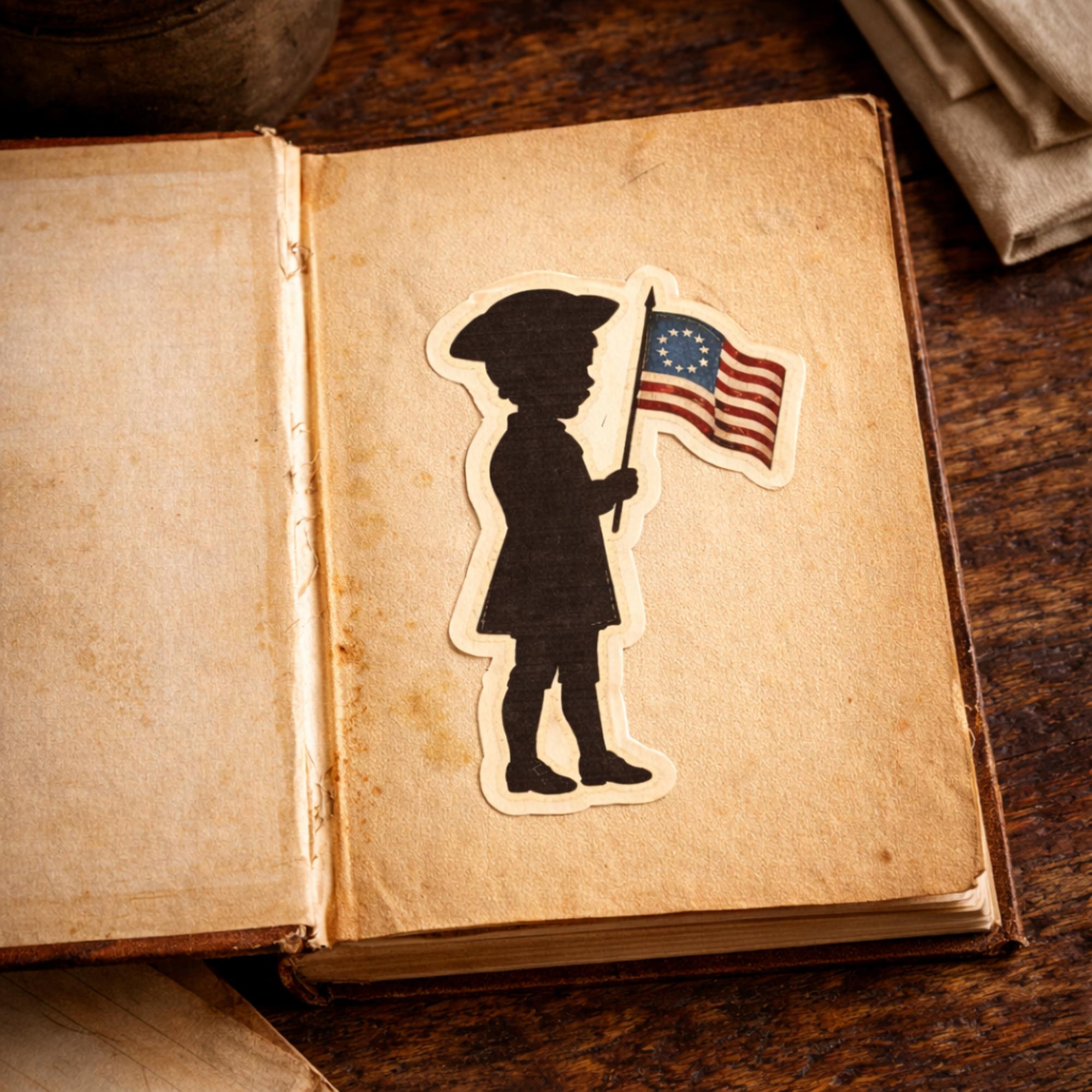 Colonial Boy Silhouette Holding Betsy Ross Flag Sticker, Primitive ...