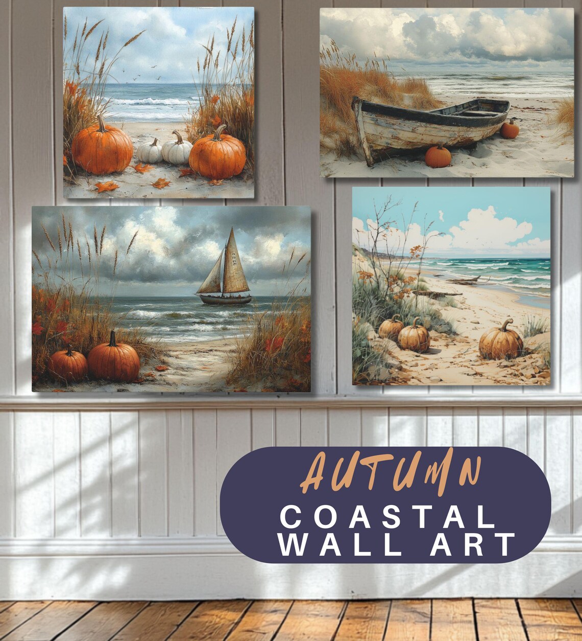 Coastal Autumn Wall Art, White Pumpkins on the Beach Coastal Decor ...