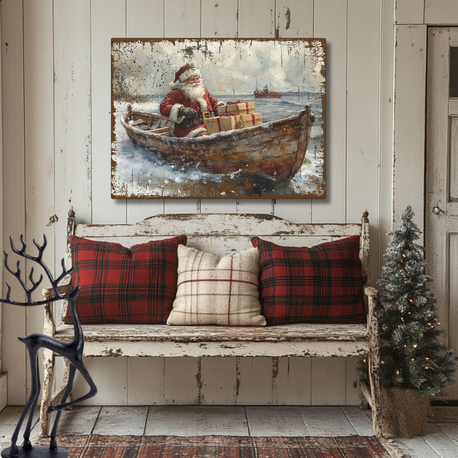 Vintage Christmas Santa in a Boat Modern Farmhouse Wall Decor Rustic ...