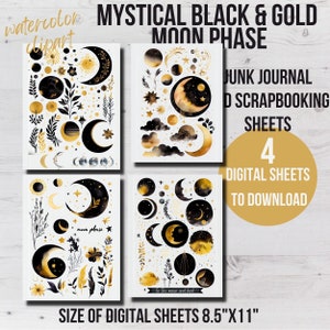 Watercolor Celestial Black and Gold Moon Phases Clip Art Printable ...